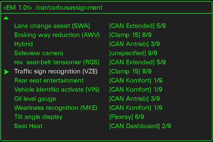 VW RNS 850 zelené (green) menu